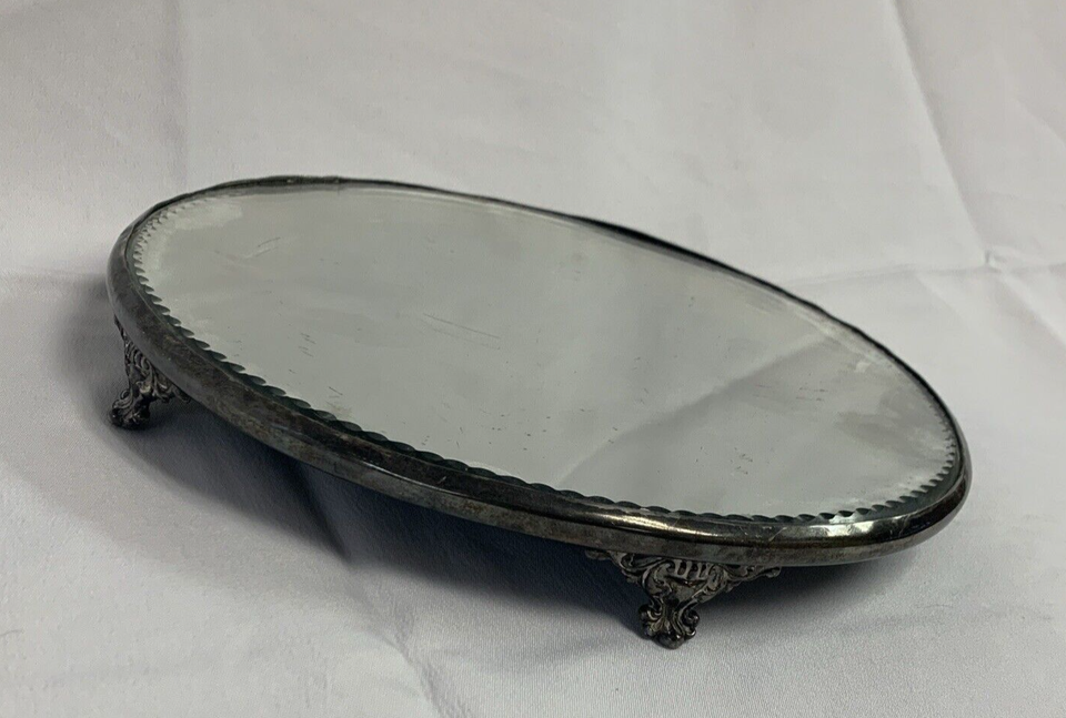 Antique 12" Victorian Quadruple Silverplate Beveled Mirror Tray Footed ...