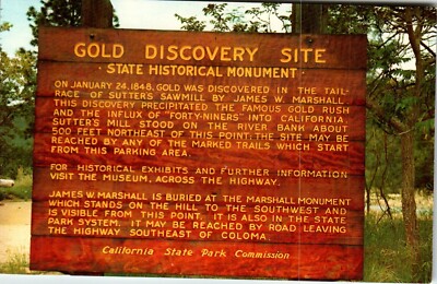 Postcard CA Sign Gold Discovery Site State Historical Monument Coloma ...