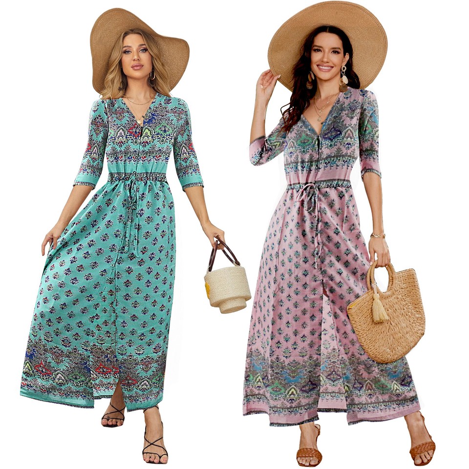 Women Lady Boho Kimono Sleeve Floral Long Maxi Summer Beach Dress ...