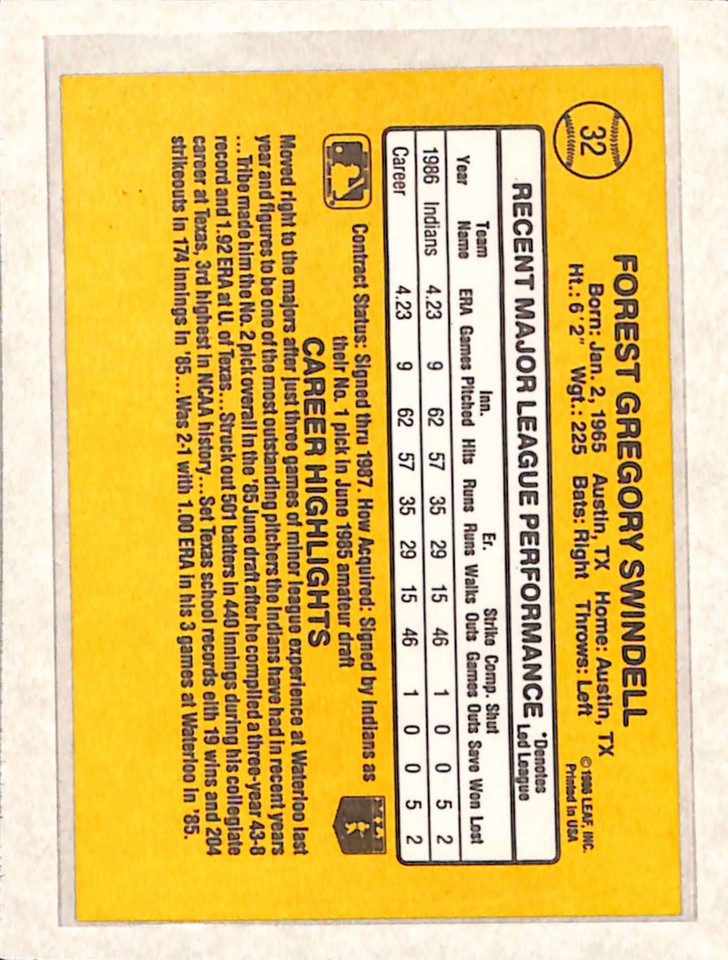 1987 Donruss Rated Rookie #32 Forest Greg Swindell RC NM | eBay