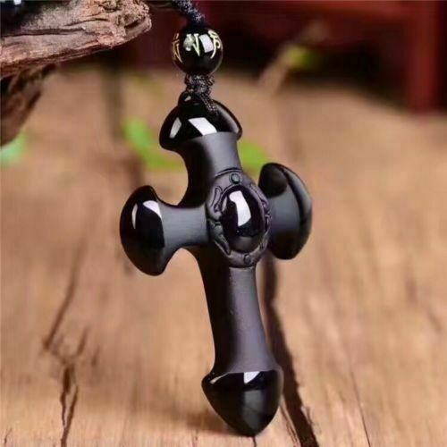 Natural crystal black obsidian cross necklace Amulet pendant with chain ...