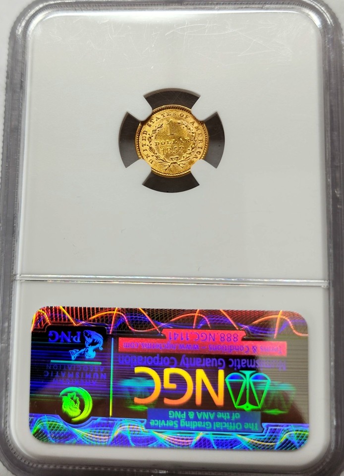 Choice 1853 G$1 GOLD DOLLAR NGC MS63 GOLD COIN MS-63 High Grade Beauty ...