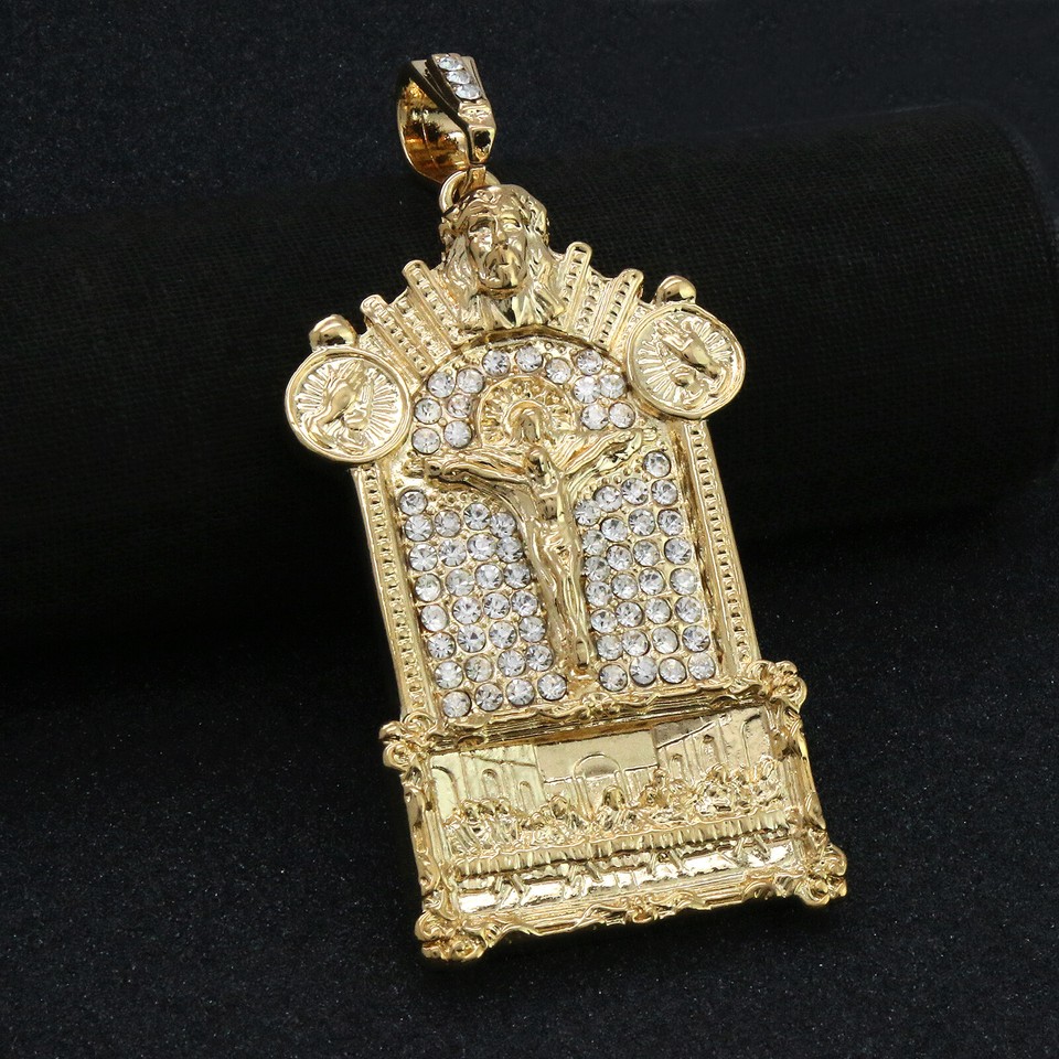 14k Gold Plated XL Last Supper Jesus Temple Pendant Cubic-Zirconia 24 ...