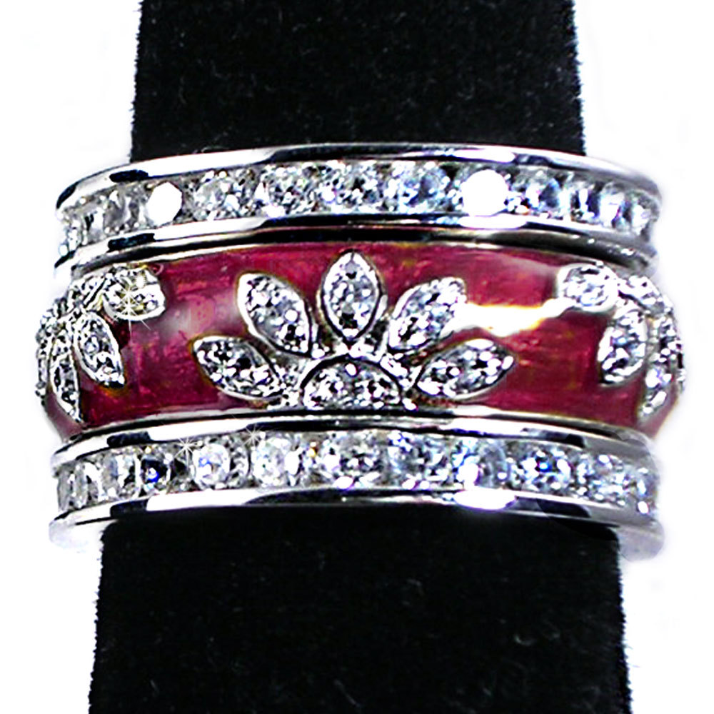 3-RING SET_CHERRY-RED ENAMEL FLORAL CZ BAND RINGS_SZ-9_925 STERLING ...