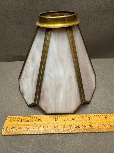 PURLE WHITE PANEL SLAG GLASS & BRASS OIL PENDANT LIGHT LAMP SHADE ...