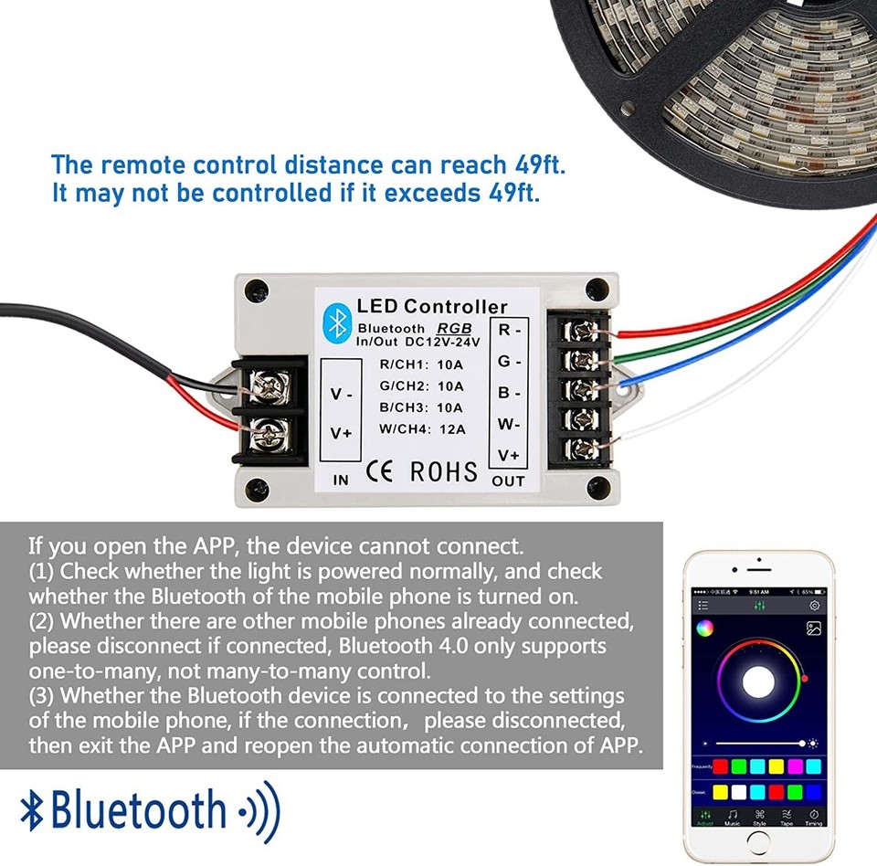 RGB/RGBW LED Strip Light Bluetooth Controller Phone APP Control ...