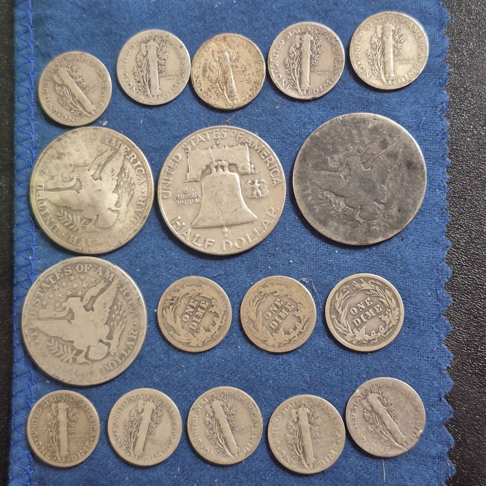Mix Lot -3 Barber Halves, 1 Franklin Half, 3 Barber Dimes, 10 Mercury ...