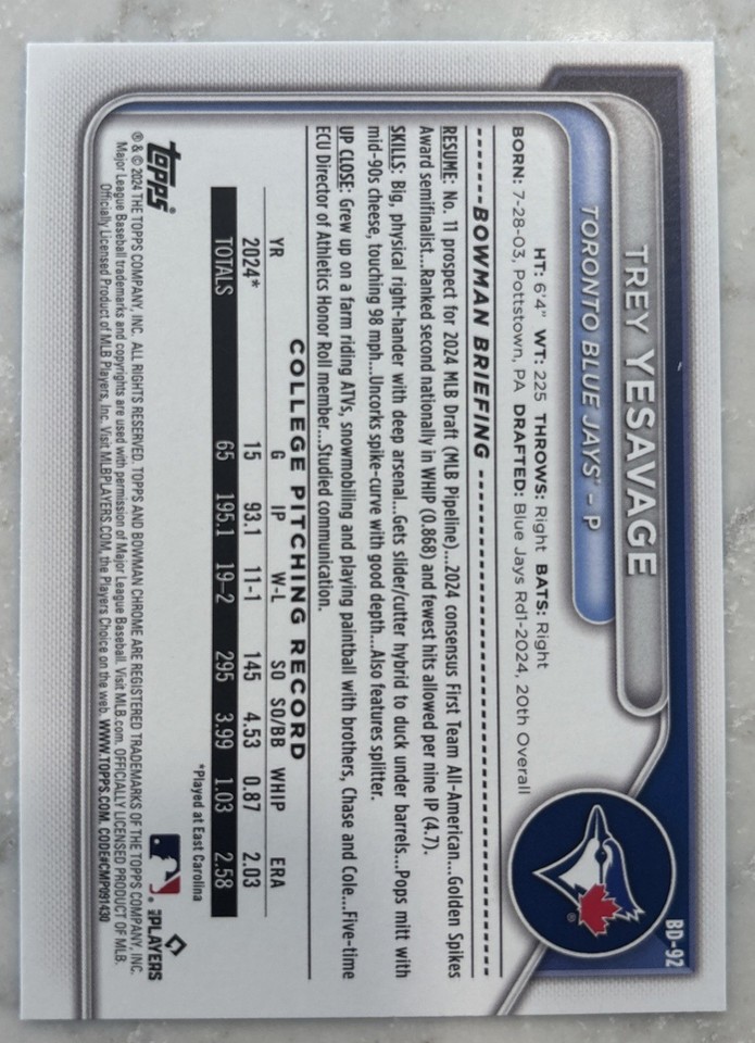 2024 Bowman Draft #BD-92 Trey Yesavage Sky Blue #/499 Toronto Blue Jays J15 | eBay