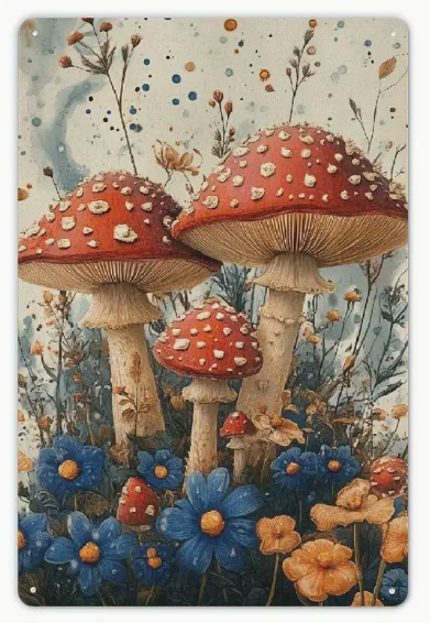 METAL ART- Red Mushrooms, Retro Metal Wall Art - Distressed 8x12 Inch ...