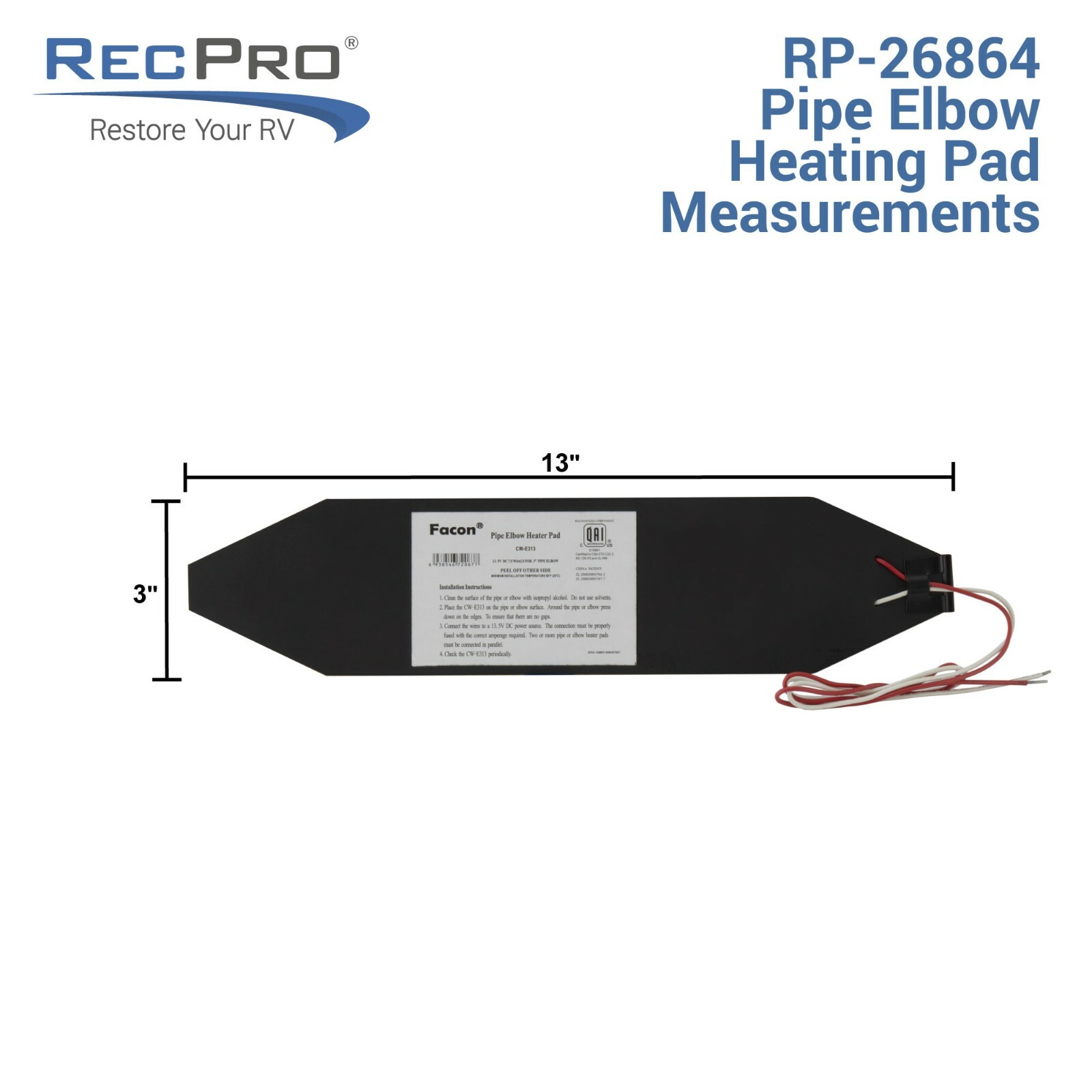 RV Elbow Heater Pad 3" x 13" 12V | RV Water Heater Pad | Pipe Heating ...