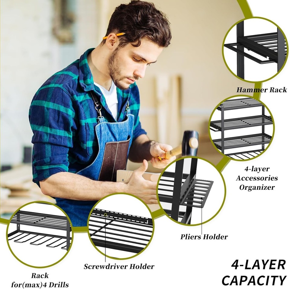 Power Tool Organizer,4 Layer Drill Holders Wall Mount,Heavy Duty Metal ...