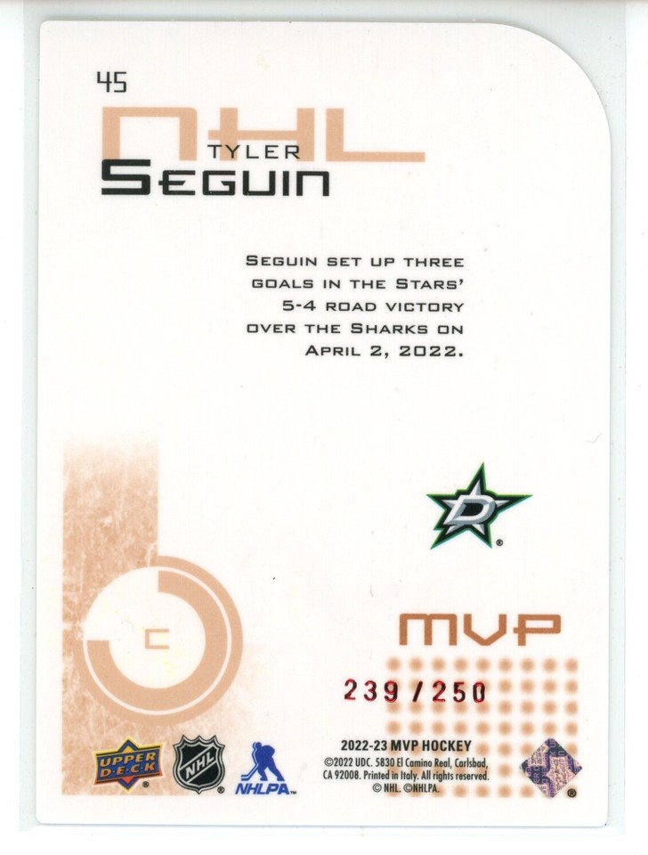 2022-23 Upper Deck MVP Colors and Contours #45 Tyler Seguin (Stars)/250 ...