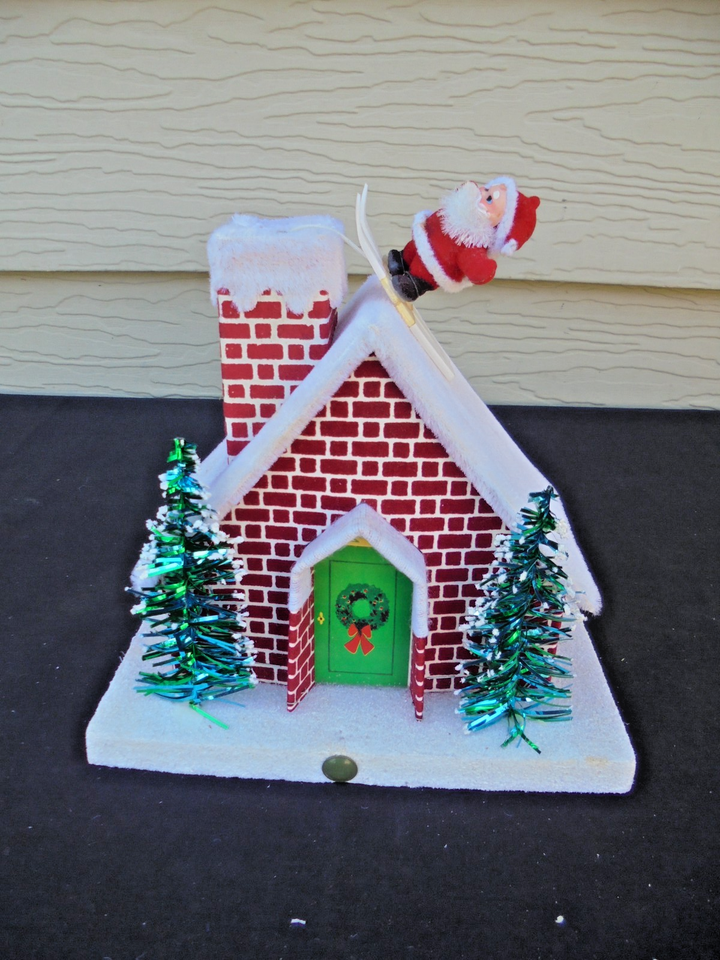 Vintage Animated Music Box Santa Skis Up Rooftop to Chimney Plays ...