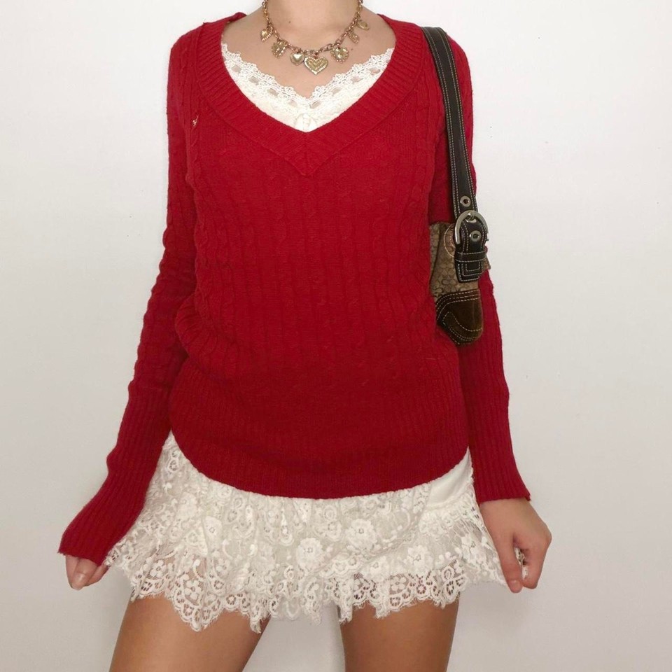 Vintage american eagle red cable vneck cable knit sweater | eBay