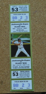 Jacksonville Expos Ticket + Stub July 25 1987 game 53 sec BB row 2 seat ...