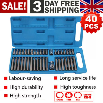 40Pc Allen Key Hex Torx Star Spline Socket Bit Set 3/8 1/2 Drive Car ...
