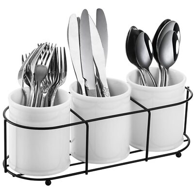 3piece Ceramic Silverware Caddy With Metal Rack Utensil Holder Flatware ...