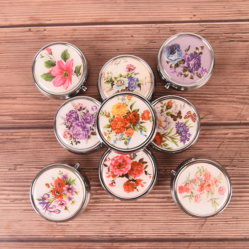 flower pill case metal organizer portable pill box makeup container ...