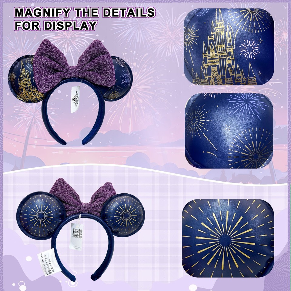 2025 Disney Parks Mickey Ears Headband Fireworks Castle Purple Bow US ...
