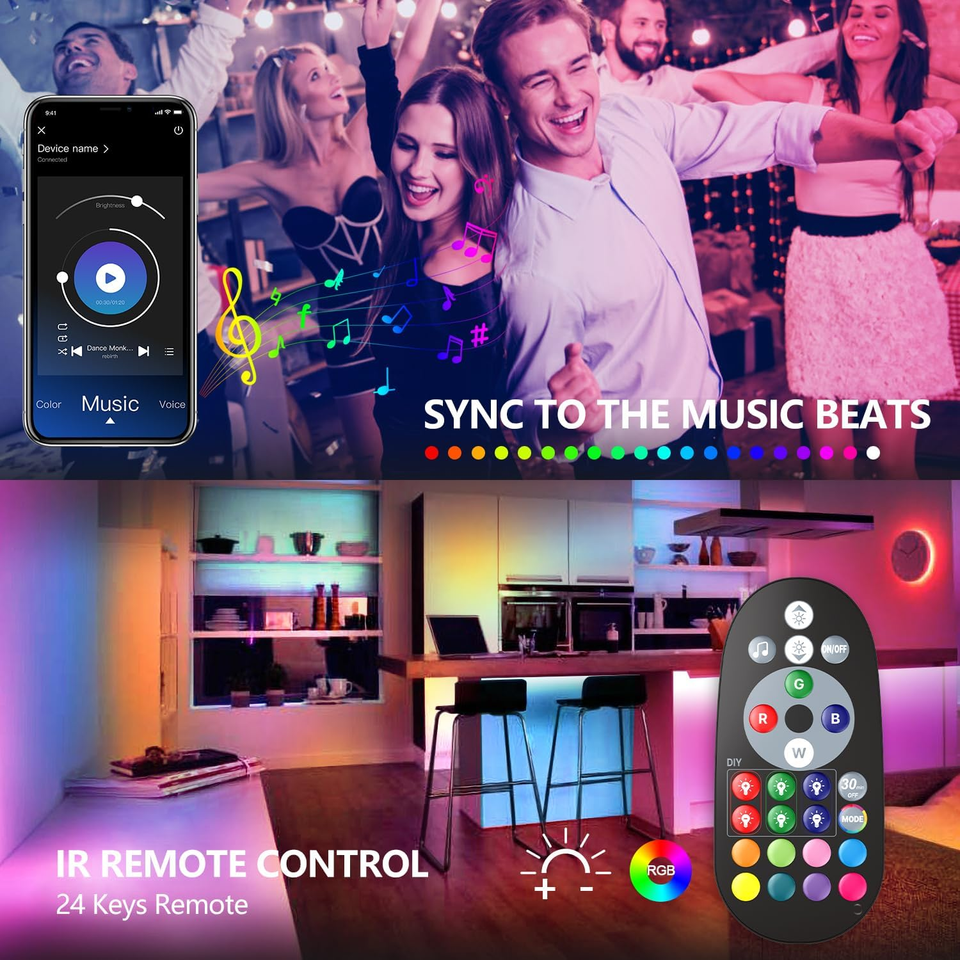 100 Ft LED Lights for Bedroom Music Sync Color Changing RGB LED Strip ...