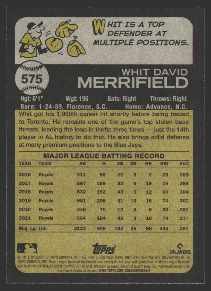 Whit Merrifield #575 2022 Topps Heritage Toronto Blue Jays | eBay