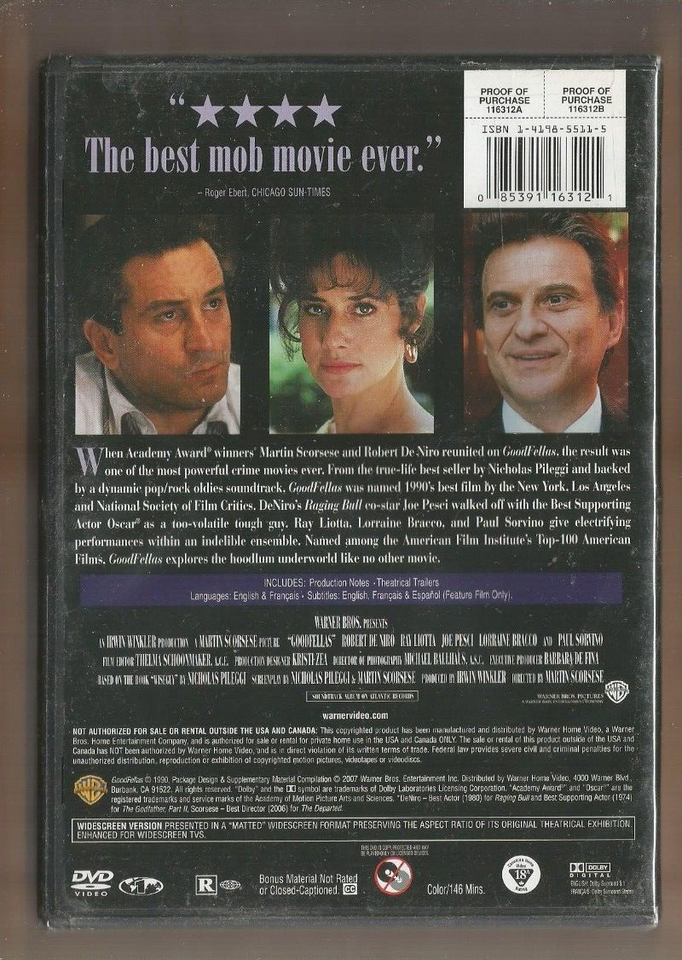 Goodfellas (DVD, 1990, Widescreen) ~ Robert De Niro ~ Ray Liotta ...