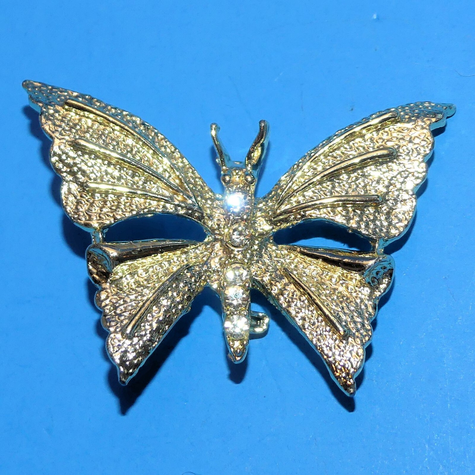 Vintage Gerry's Butterfly Brooch Pin Rhinestones Textured Gold Tone Bug ...