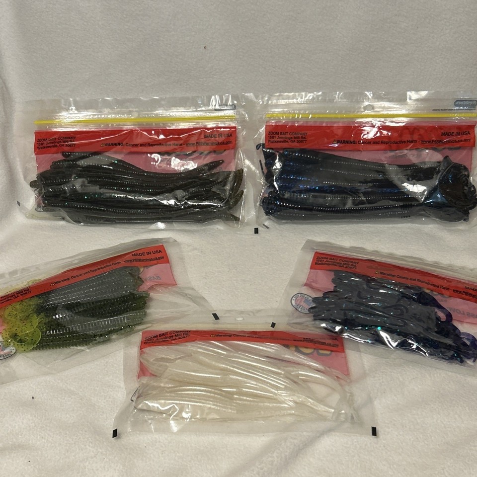 ZOOM Bait Company Soft Plastic Worms LOT 5 Bags White Pearl, Black ...