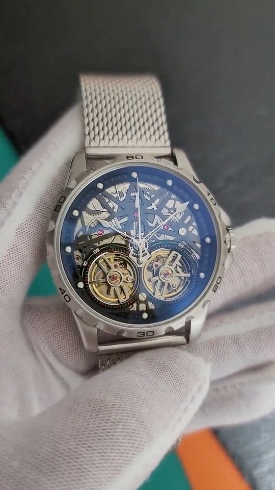 Mens Double Flywheel Automatic Mechanical Watch Silver Black Stainless ...