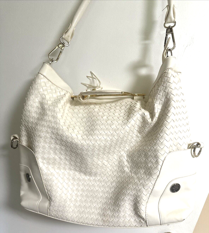Joy Mangano JM White Woven Convertible Shoulder Purse Extra Large Tote ...