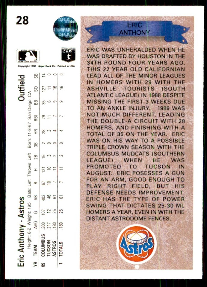 1990 Upper Deck Eric Anthony Baseball Cards #28 | eBay