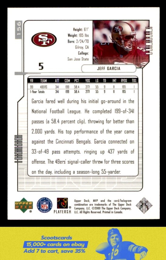 2000 Upper Deck MVP Jeff Garcia Silver Script #156 San Francisco 49ers | eBay