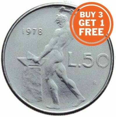 50 ITALIAN LIRE COIN VULCAN STANDING 1954 TO 1989 CHOICE OF DATES ITALY ...