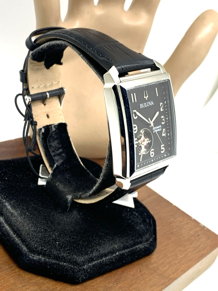 Bulova Men's Watch 96A269 Automatic Black Dial Leather Strap Rectangle ...