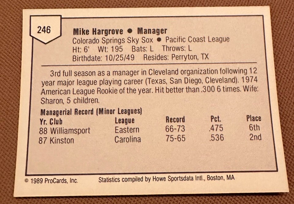 1989 ProCards Mike Hargrove #246 Minor League Team Sky Sox | eBay