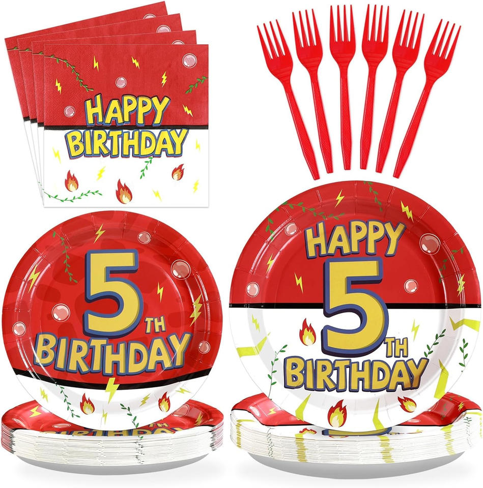 96Pcs 5Th Cartoon Happy Birthday Party Supplies Red and White Paper ...