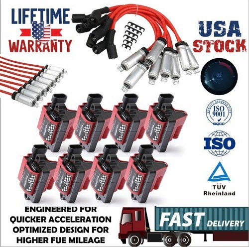 Set of 8 Square Ignition Coils & Spark Wires for Chevy GMC Cadillac 5.3 ...