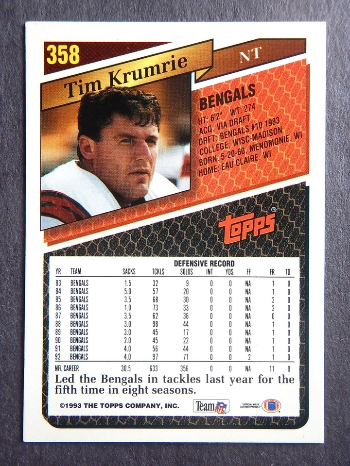 Tim Krumrie #358 Topps 1993 Football Card (Cincinnati Bengals) VG | eBay