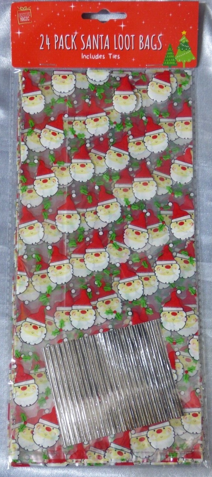 CHRISTMAS LOOT BAGS PACK 24 HIGH QUALITY INCLUDES FOIL TIES 2 DESIGNS ...