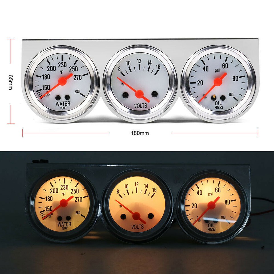2'' 52mm Chrome Volt Water Oil Pressure Triple 3 Gauge Set Gauges Kit ...