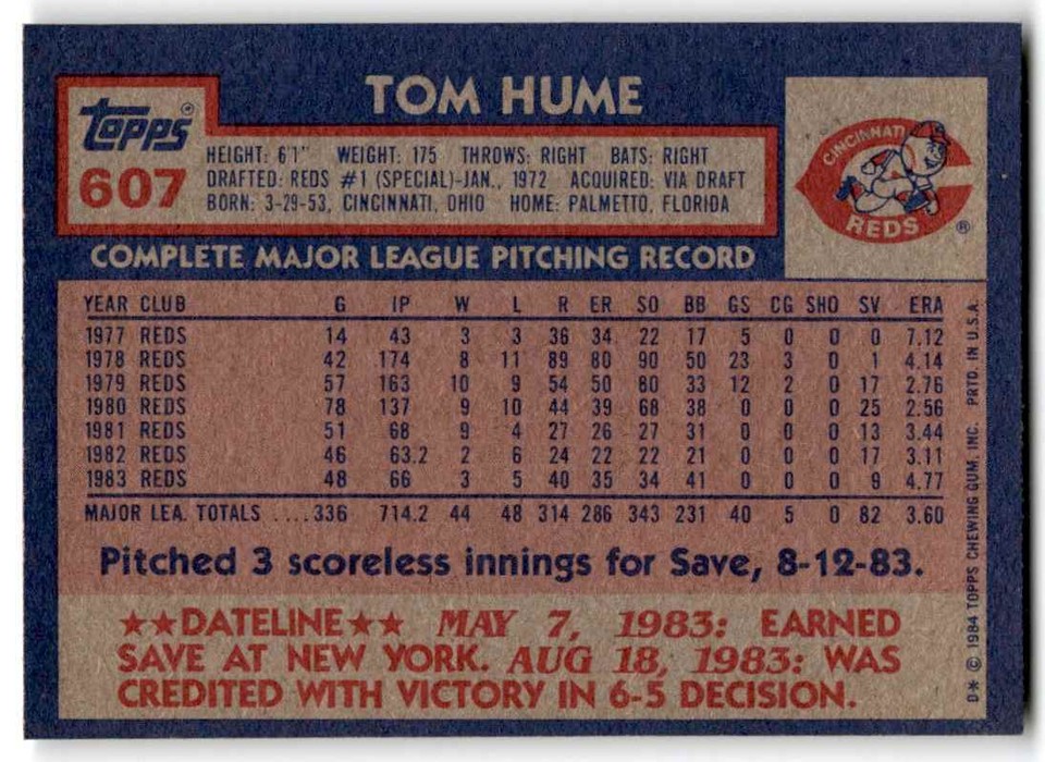 1984 Topps Tom Hume Cincinnati Reds #607 | eBay