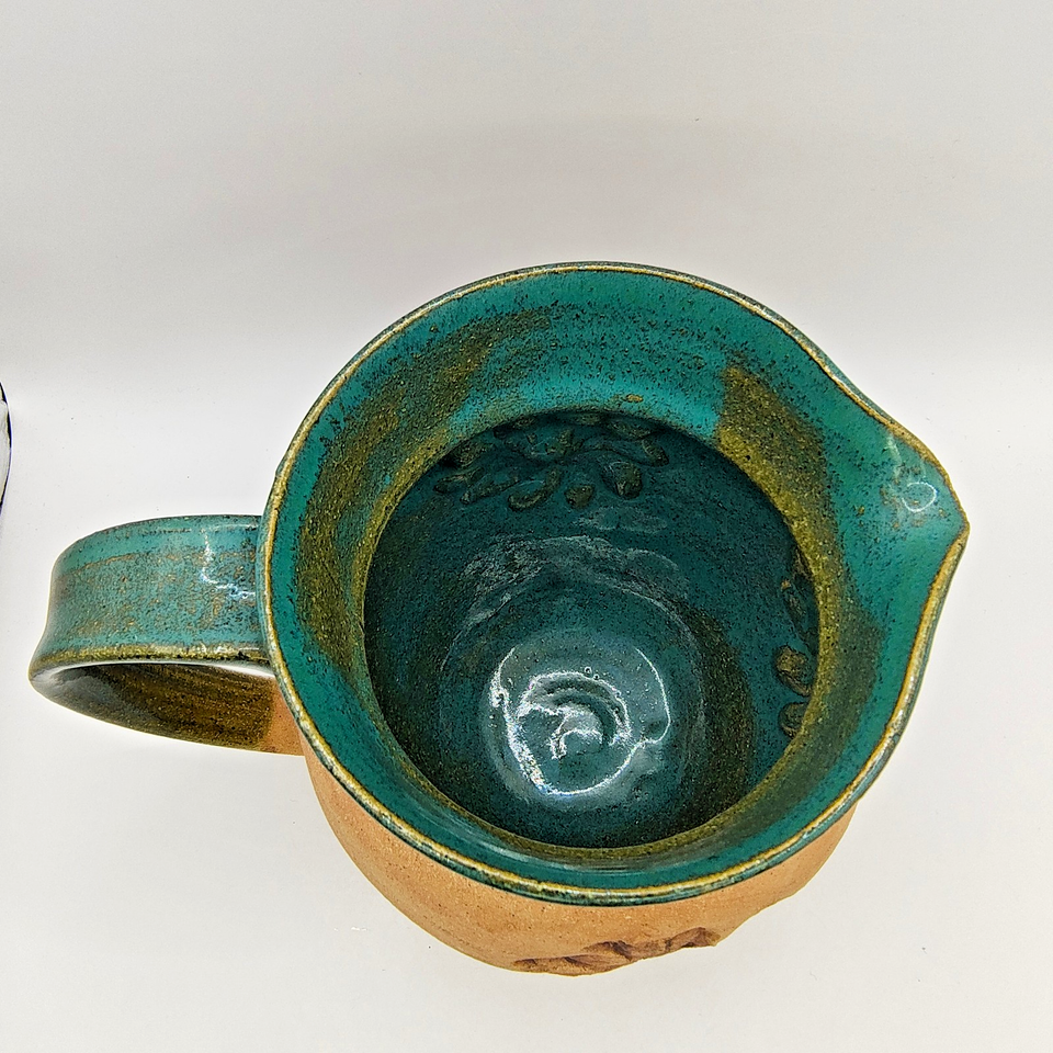 Artisan Rustic Farmhouse Pitcher with Flower Blue-Green Glaze B & J ...
