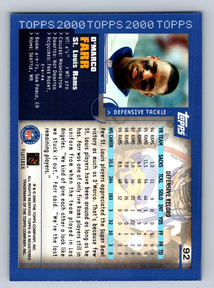 2000 Topps #92 D'Marco Farr NM/MT | eBay