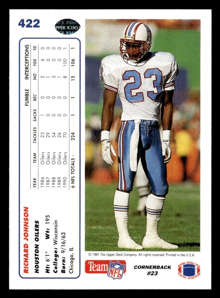 1991 Upper Deck Richard Johnson #422 Houston Oilers | eBay