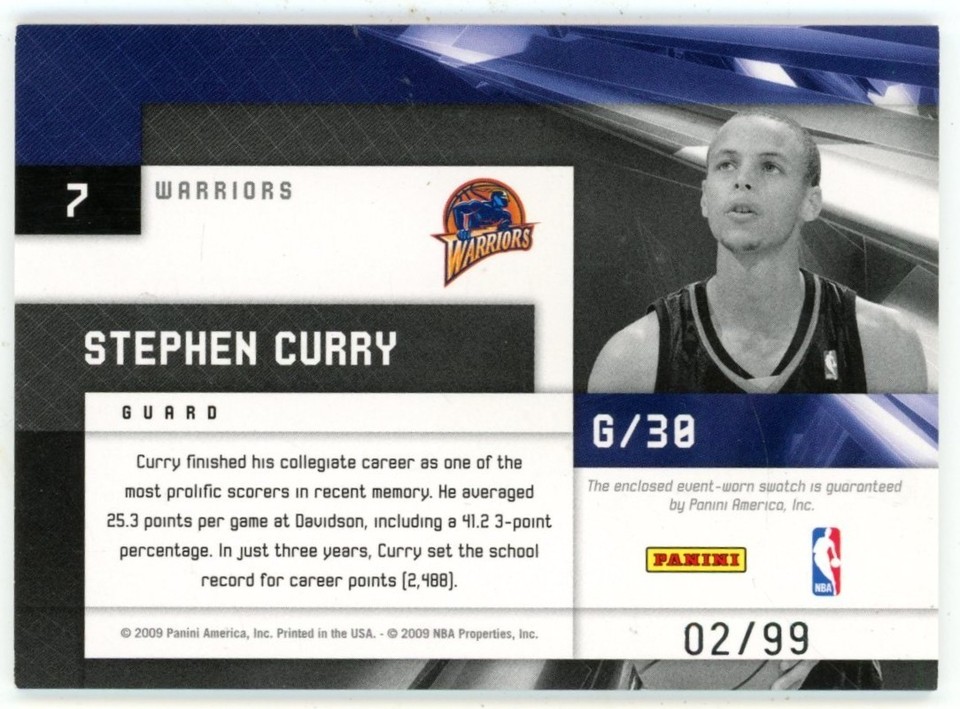 Stephen Curry 2009 Panini Limited Freshman Jumbo Patch Rookie Card RC ...