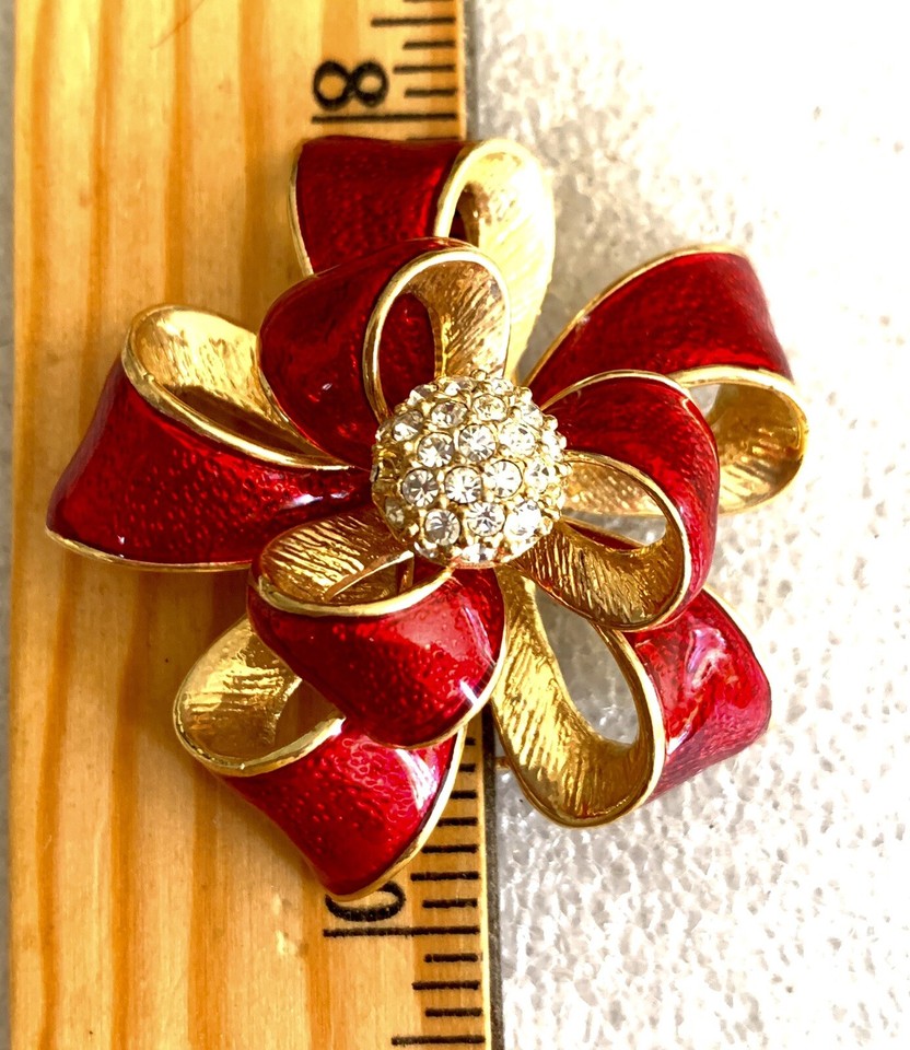 Vintage red enamel brooch with rhinestones Beautiful full bow red gold ...