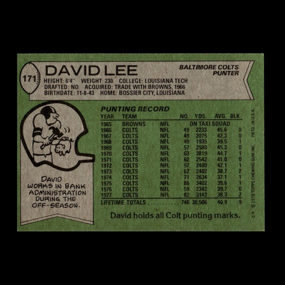 David Lee 1978 Topps Baltimore Colts #171 R308F | eBay