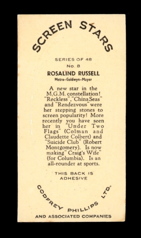1936 Godfrey Phillips Ltd. Set-Break # 8 Rosalind Russell VG-VGEX ...