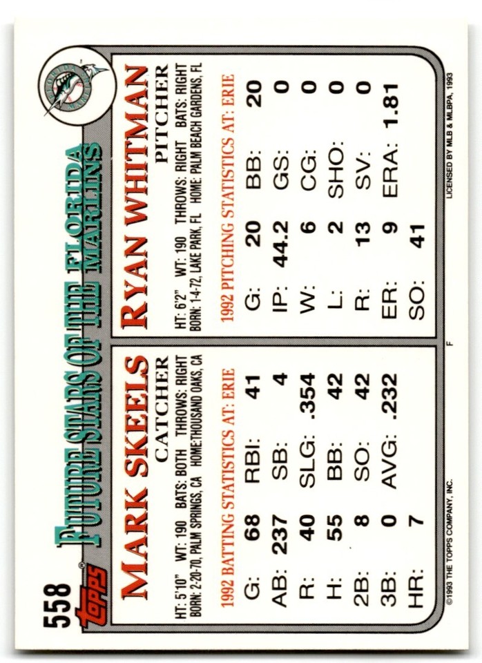 1993 Topps Gold Mark Skeels/Ryan Whitman Rookie Florida Marlins #558 | eBay