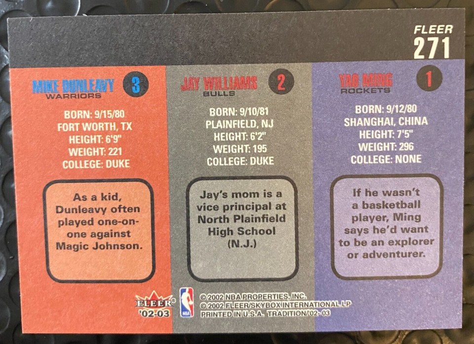 02-03 Fleer Tradition Yao Ming/Jay Williams/Mike Dunleavy Rookie Card ...